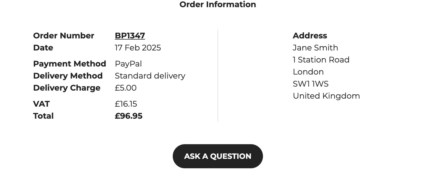 Allow customers to ask questions about their order - Bluepark.co.uk